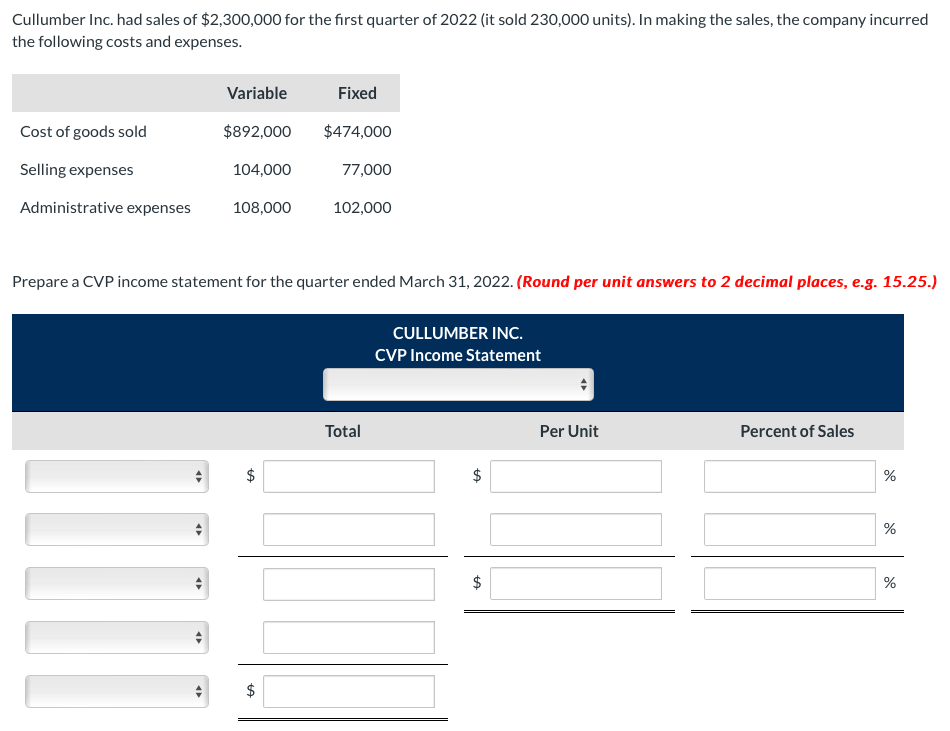 Solved Cullumber Inc. had sales of $2,300,000 for the first | Chegg.com