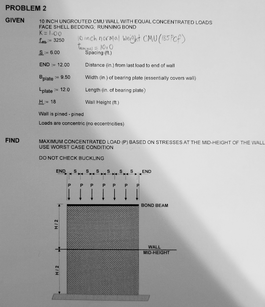 PROBLEM 2 GIVEN 10 INCH UNGROUTED CMU WALL WITH EQUAL | Chegg.com