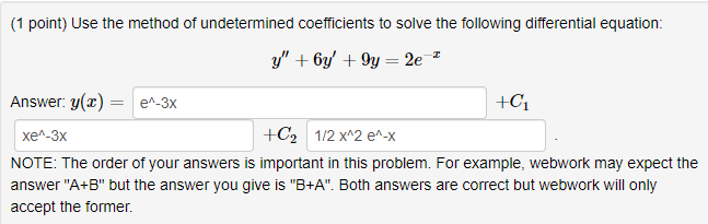 Solved (1 point) Use the method of undetermined coefficients | Chegg.com