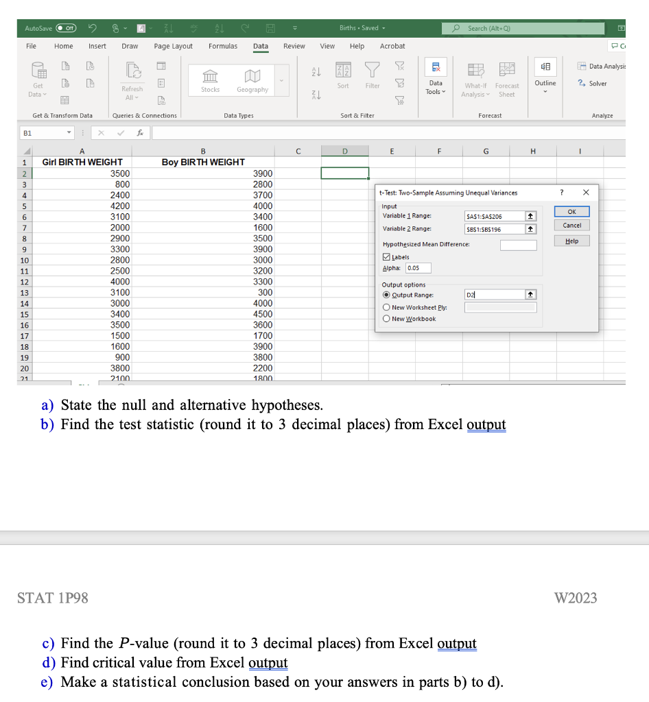 Solved 5. Download the excel file "Births" for the data set. | Chegg.com