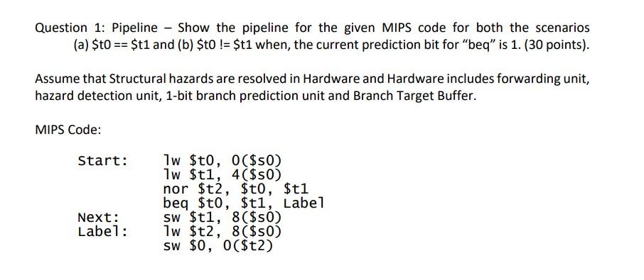 Solved Question 1: Pipeline - Show the pipeline for the | Chegg.com