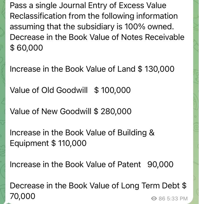 Solved Pass a single Journal Entry of Excess Value | Chegg.com