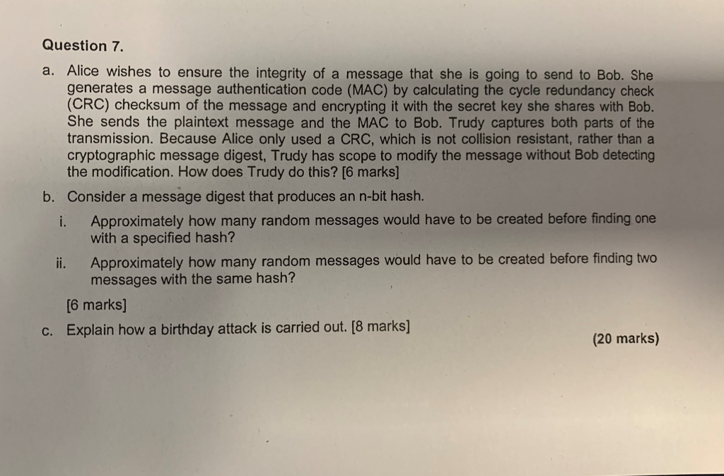 Question 7. a. Alice wishes to ensure the integrity | Chegg.com