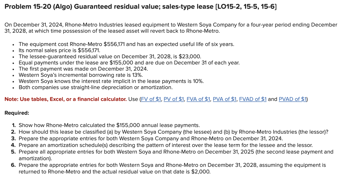 Solved Problem 15-20 (Algo) ﻿Guaranteed residual value; | Chegg.com