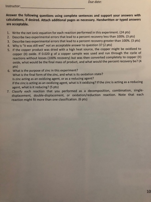 Solved Due date: Instructor Answer the following questions | Chegg.com