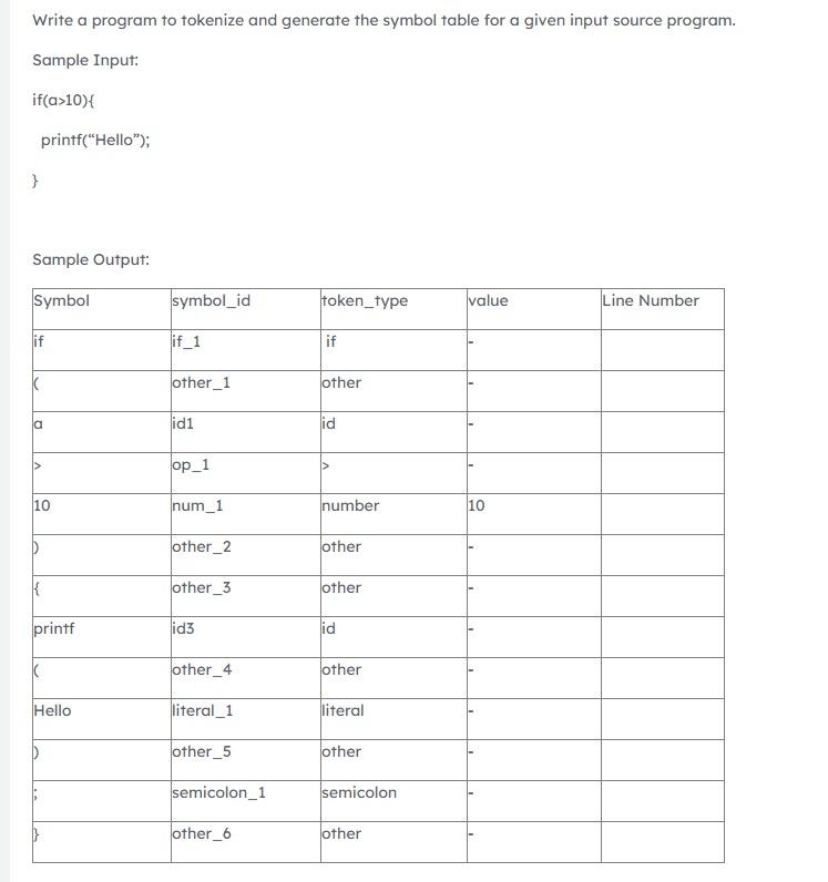 Solved Write a program to tokenize and generate the symbol | Chegg.com