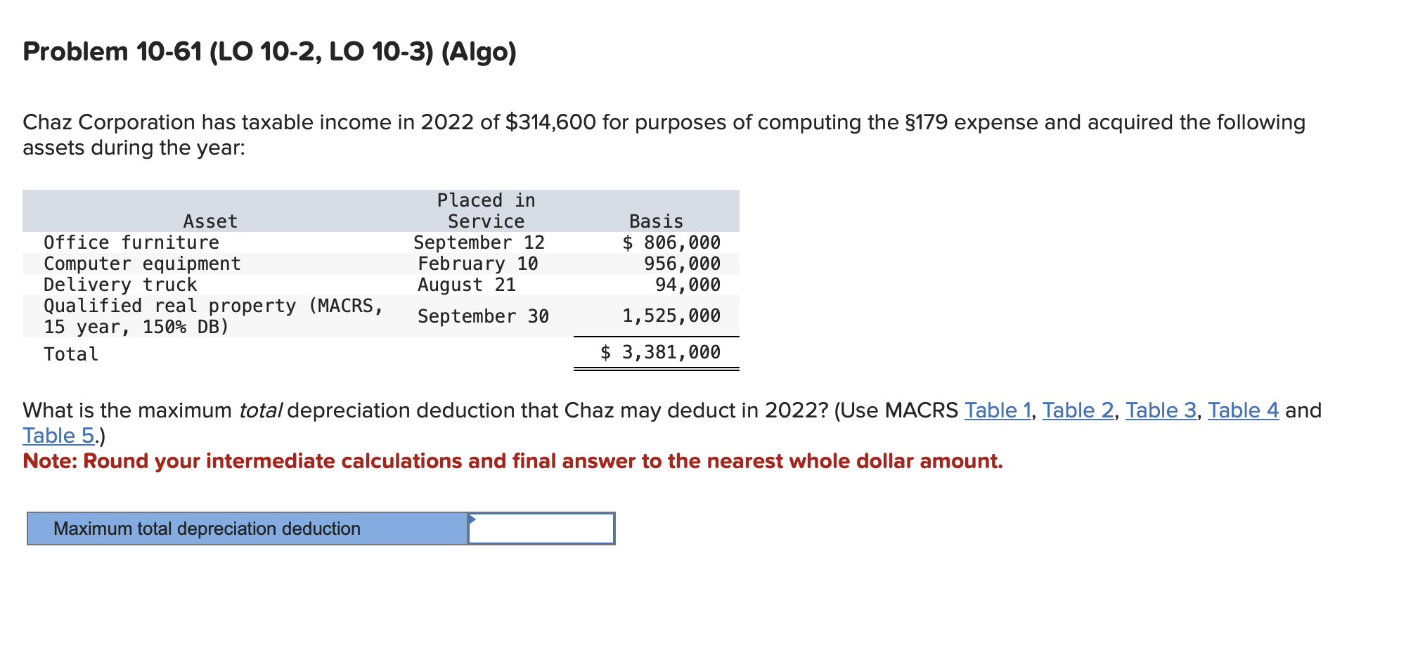 Solved Problem 10-61 (LO 10-2, LO 10-3) (Algo) Chaz | Chegg.com