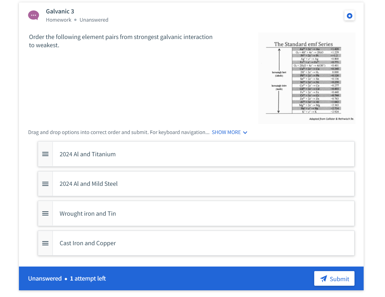 Galvanic 3 Homework. Unanswered Order the following | Chegg.com