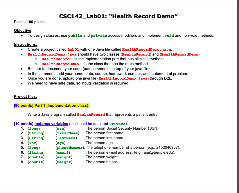 Solved CSC142_Lab01: "Health Record Demo" Points: 100 | Chegg.com
