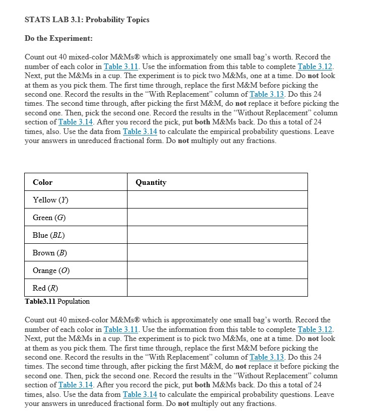 Solved STATS LAB 3.1: Probability Topics Do the Experiment: | Chegg.com