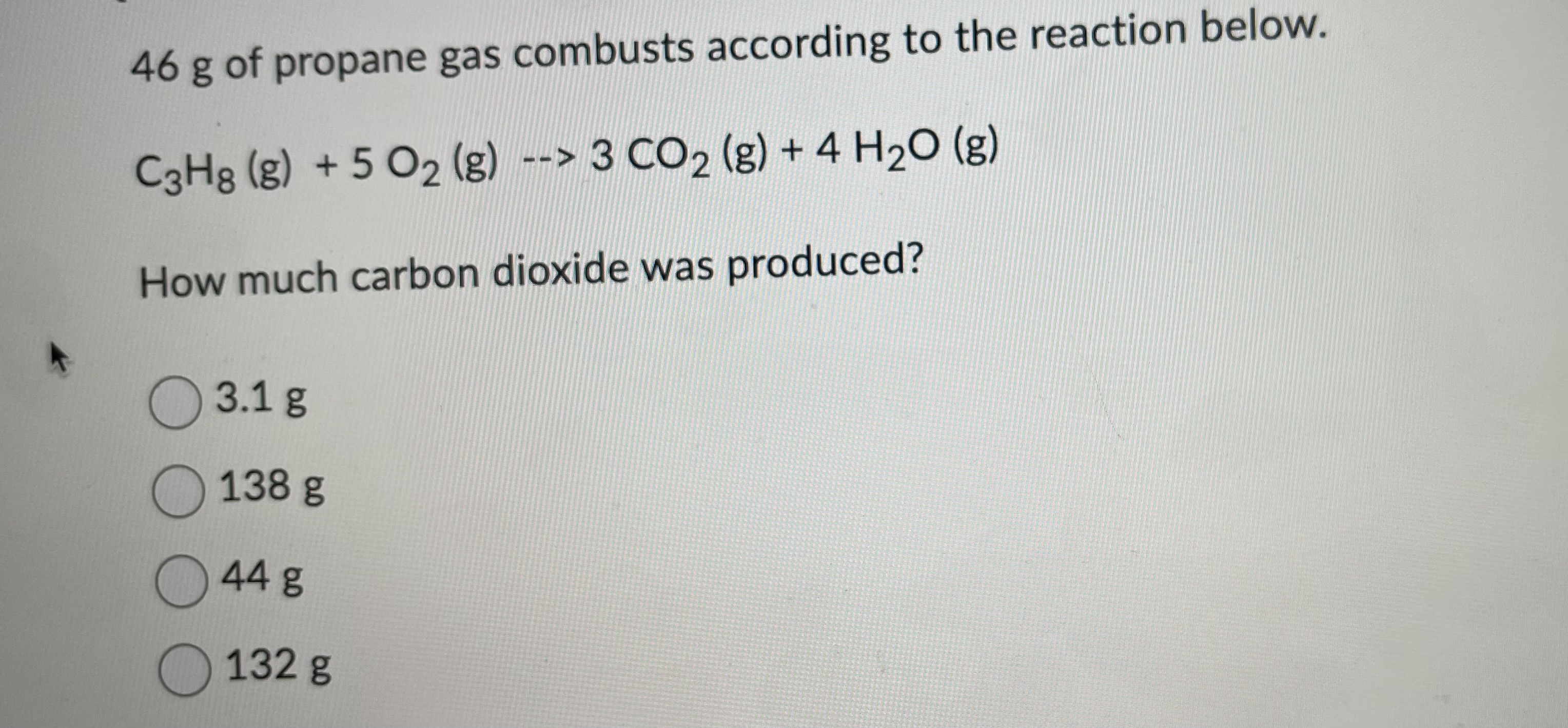 Solved 46 g of propane gas combusts according to the | Chegg.com