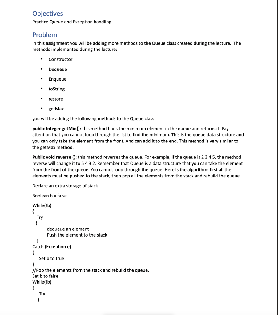 Solved Objectives Practice Queue and Exception handling | Chegg.com