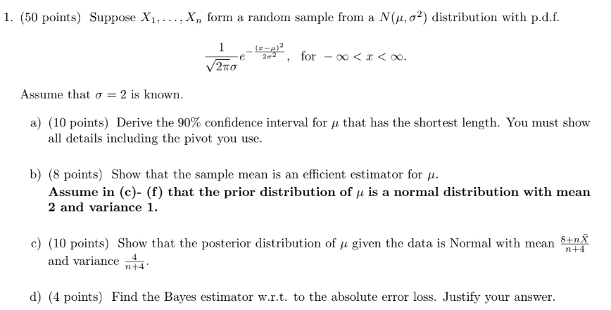 Solved 1. (50 points) Suppose X1, ..., Xn form a random | Chegg.com