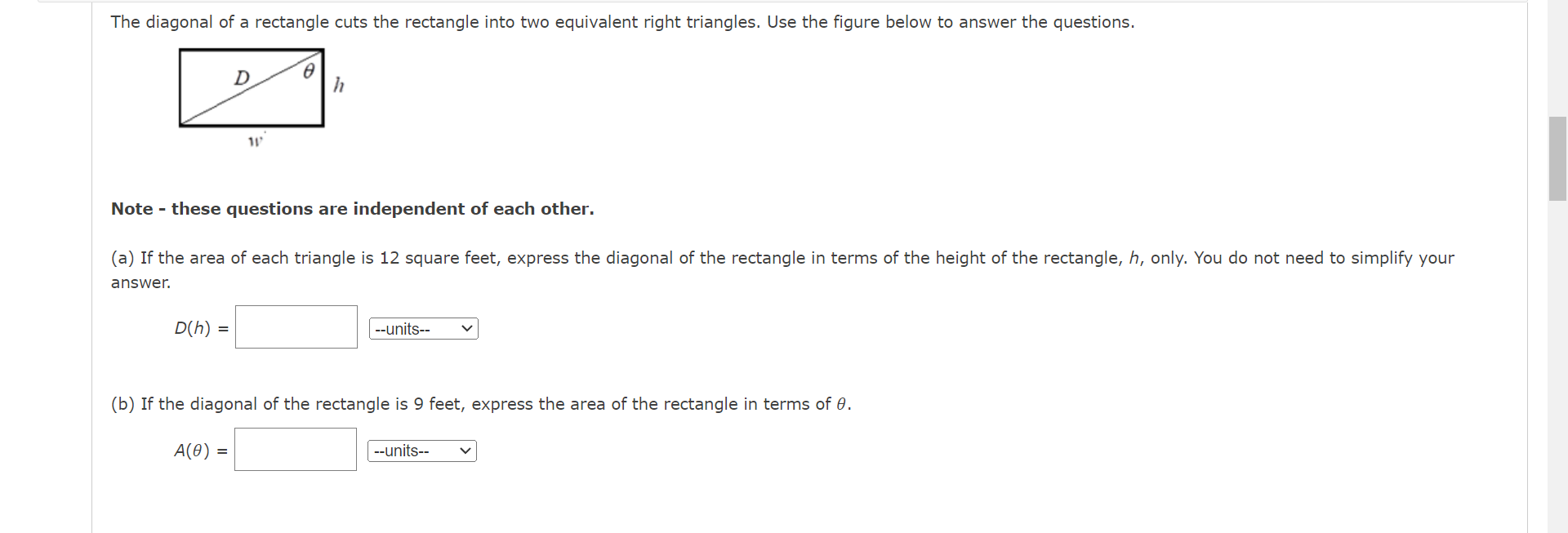 Solved The diagonal of a rectangle cuts the rectangle into | Chegg.com