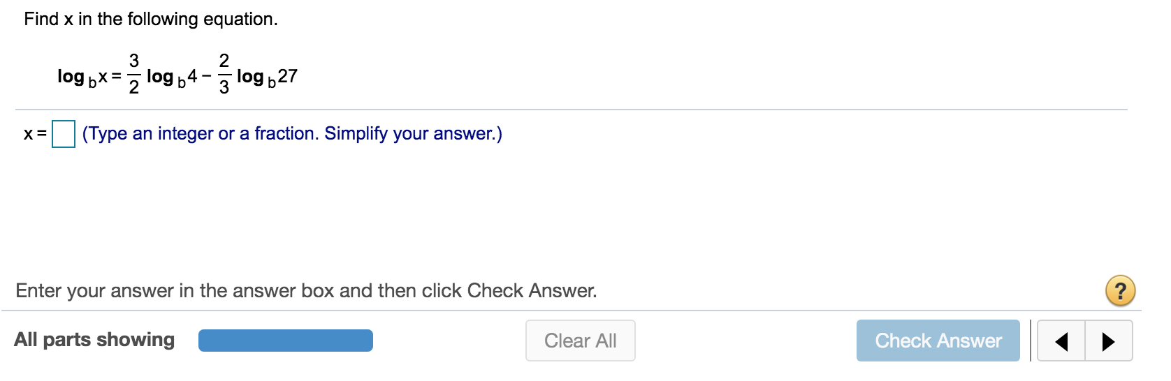 Solved Find x in the following equation. 2 3 log bx = 5 log | Chegg.com