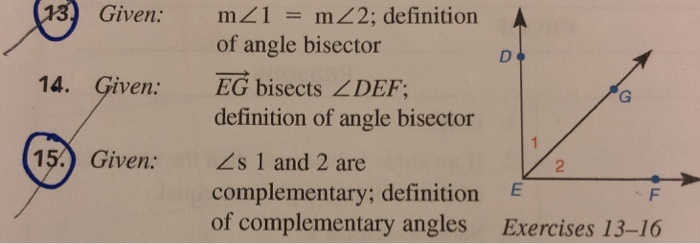Solved 3) Given: m41 m22; definition of angle bisector EG | Chegg.com