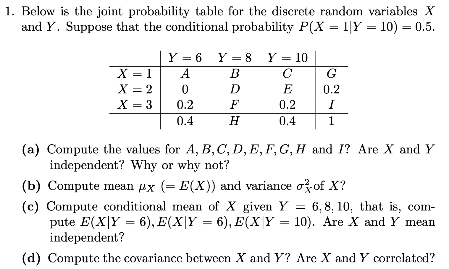 Solved 1. Below is the joint probability table for the | Chegg.com