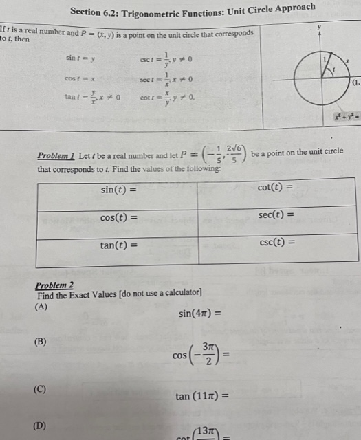 Solved Section 6.2: Trigonometric Functions: Unit Circle | Chegg.com