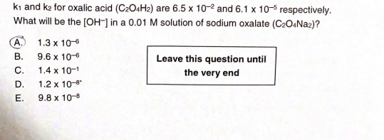 Solved k1 and k2 for oxalic acid (C2O4H2) are 6.5×10−2 and | Chegg.com