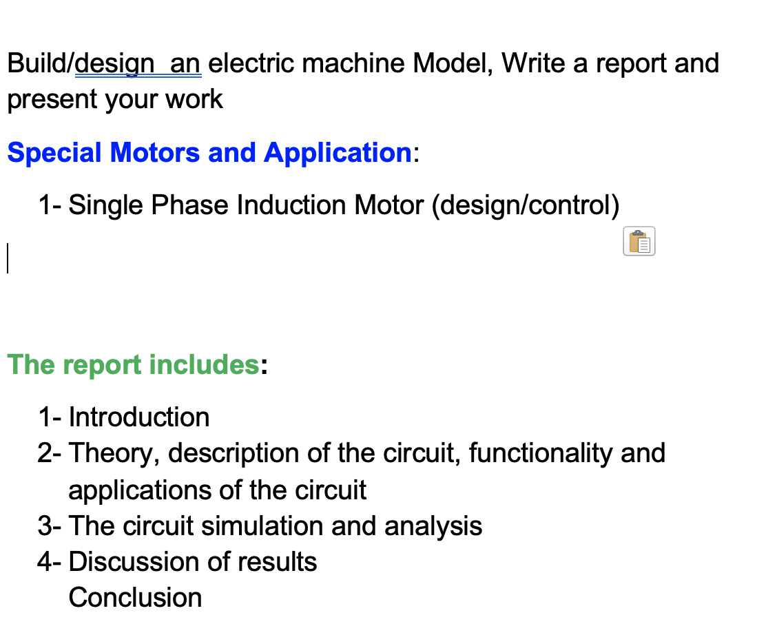 Build/design an electric machine Model, Write a | Chegg.com