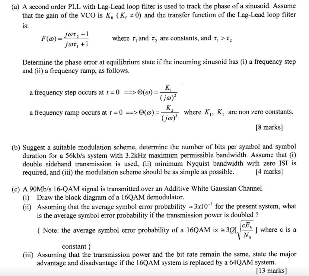 (a) A second order PLL with Lag-Lead loop filter is | Chegg.com