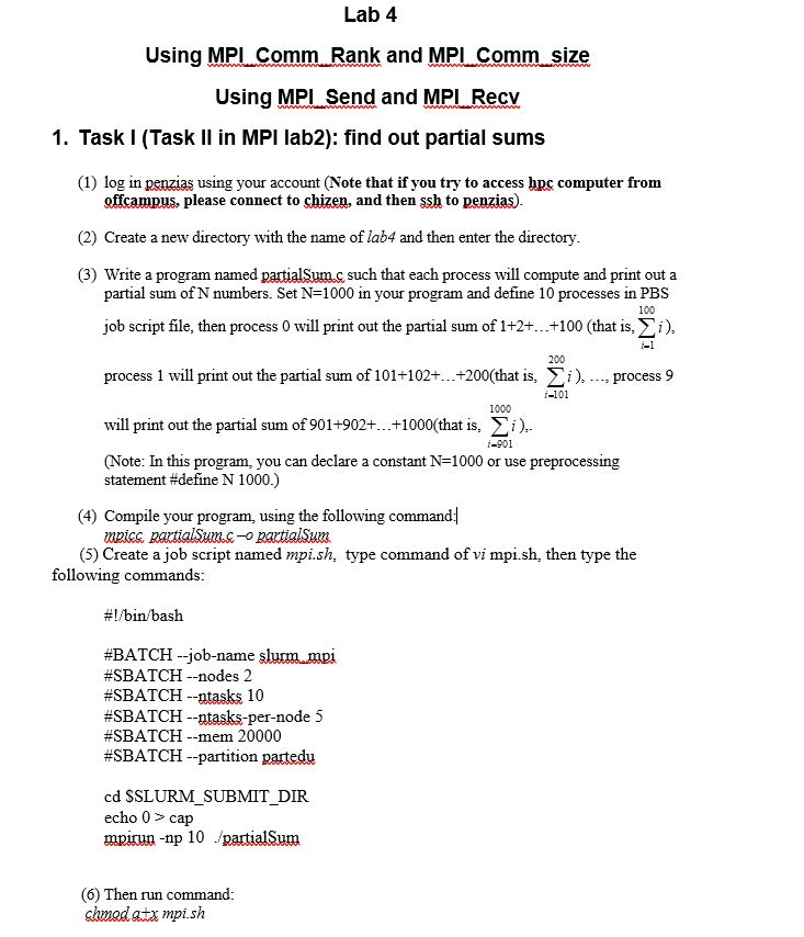 Lab 4 Using Mpi Comm Rank And Mpl Comm Size Using Mpi