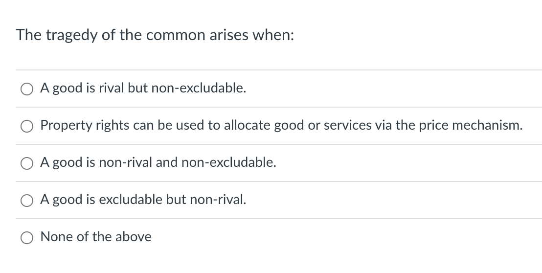 Solved The tragedy of the common arises when:A good is rival | Chegg.com