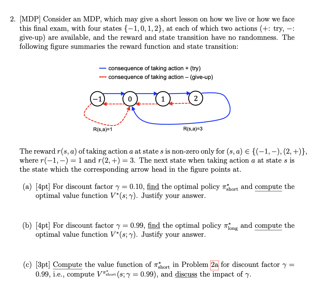 Solved [MDP] ﻿Consider an MDP, ﻿which may give a short | Chegg.com