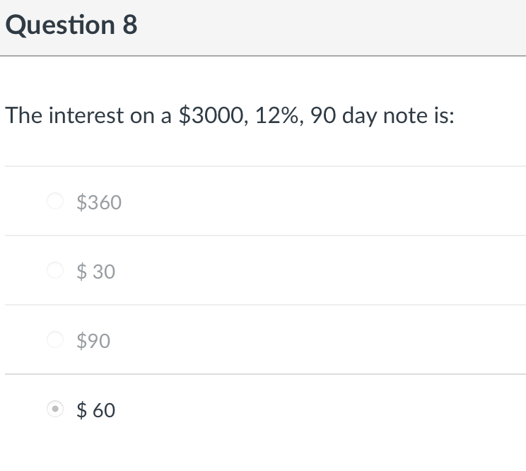 Solved The interest on a $3000,12%,90 day note is: $360 $30 | Chegg.com