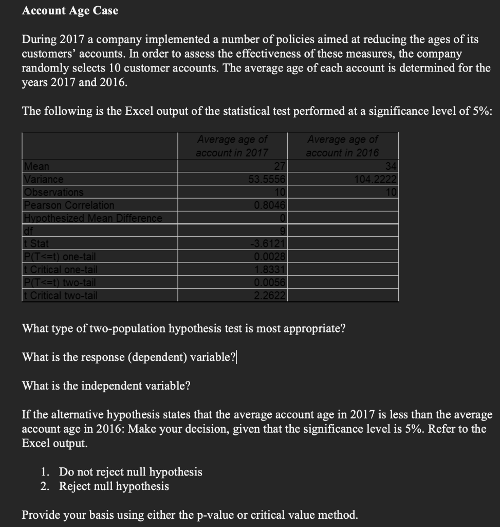 Solved Account Age Case During 2017 a company implemented a | Chegg.com