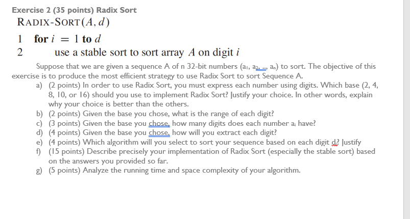 Solved Exercise 2 (35 points) Radix Sort RADIX-SORT (A, d) 1 | Chegg.com