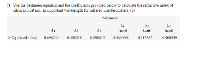 Solved 7) Use the Sellmeier equation and the coefficients | Chegg.com