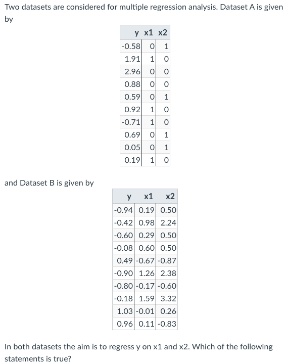 Solved Two datasets are considered for multiple regression | Chegg.com
