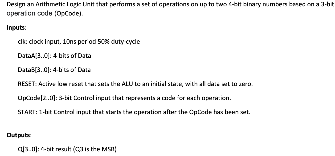 Design an Arithmetic Logic Unit that performs a set | Chegg.com