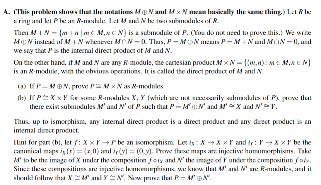 (This problem shows that the notations M⊕N and M×N | Chegg.com