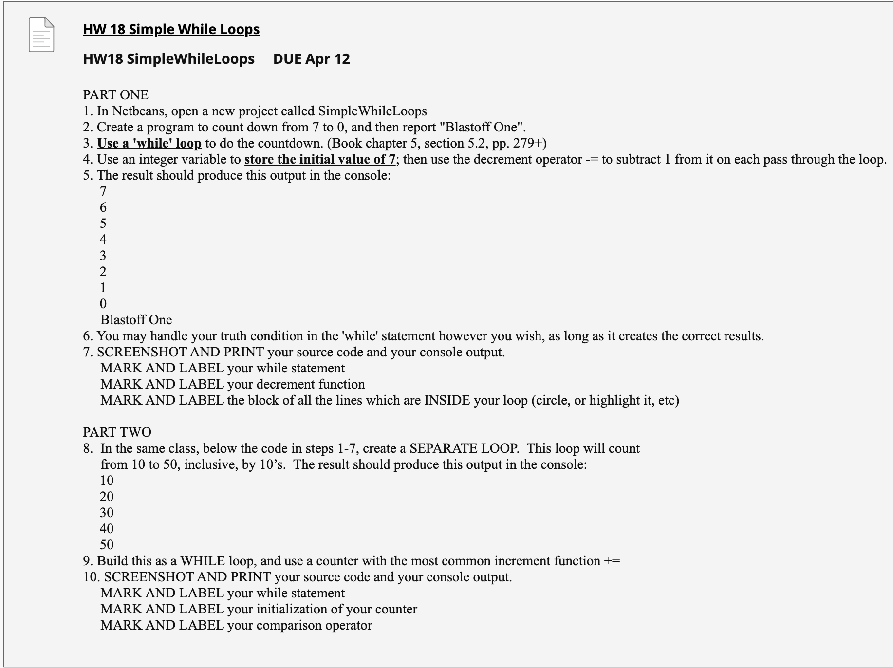 Solved HW 18 Simple While Loops HW18 SimpleWhileLoops DUE | Chegg.com