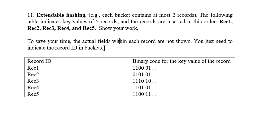 Solved 11. Extendable hashing. (e.g., each bucket contains | Chegg.com