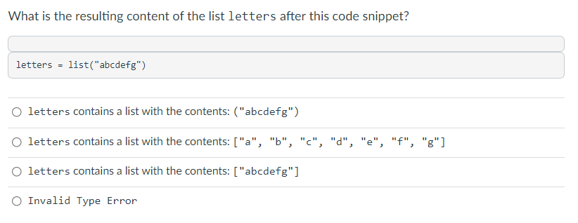 Solved What is the resulting content of the list letters | Chegg.com