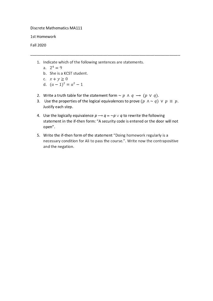 Solved Discrete Mathematics MA111 1st Homework Fall 2020 1. | Chegg.com