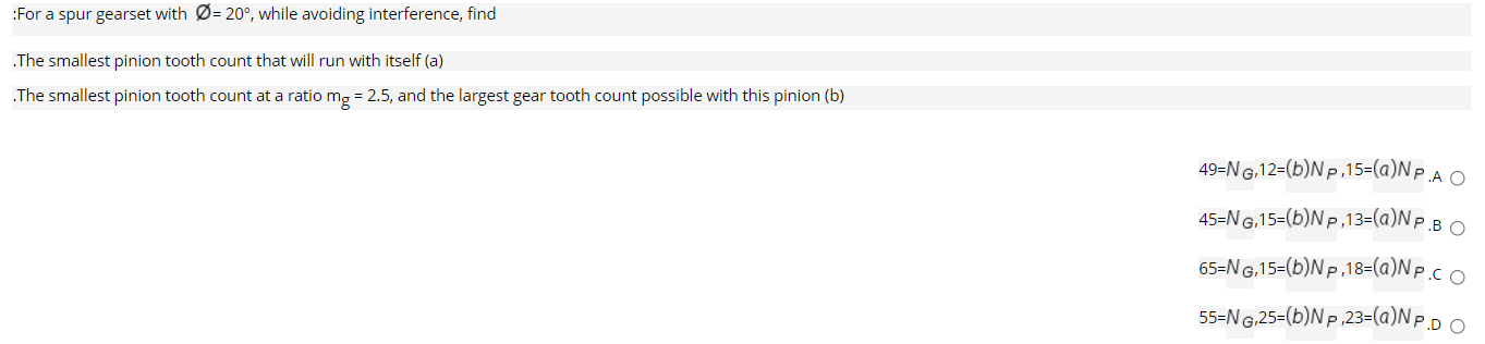 Solved :For a spur gearset with Ø= 20°, while avoiding | Chegg.com