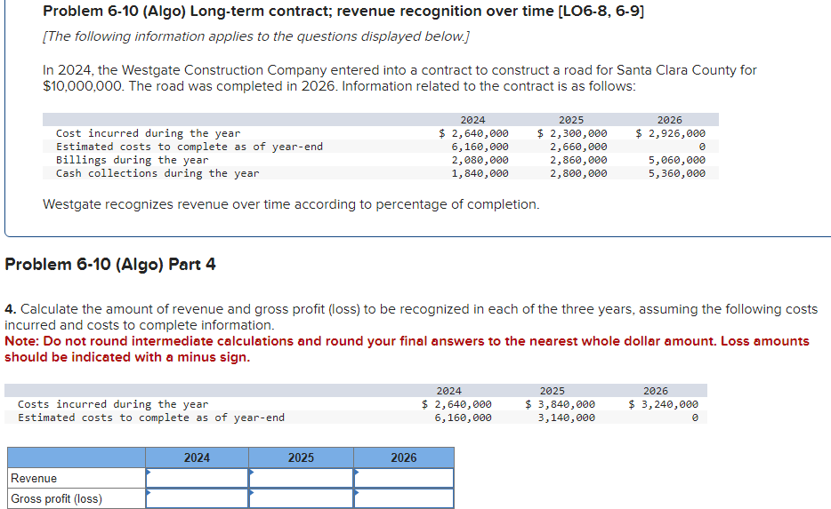 Solved Problem 6-10 (Algo) Long-term contract; revenue | Chegg.com