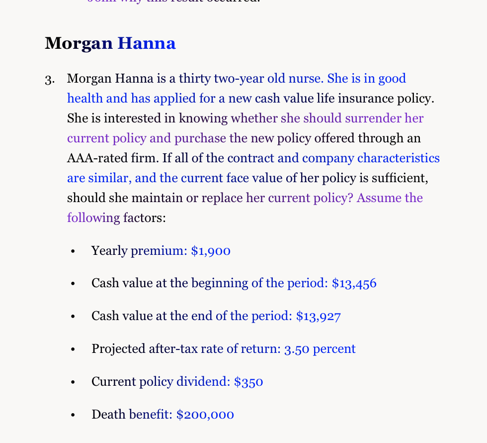 Solved Morgan Hanna is a thirty two-year old nurse. She is | Chegg.com