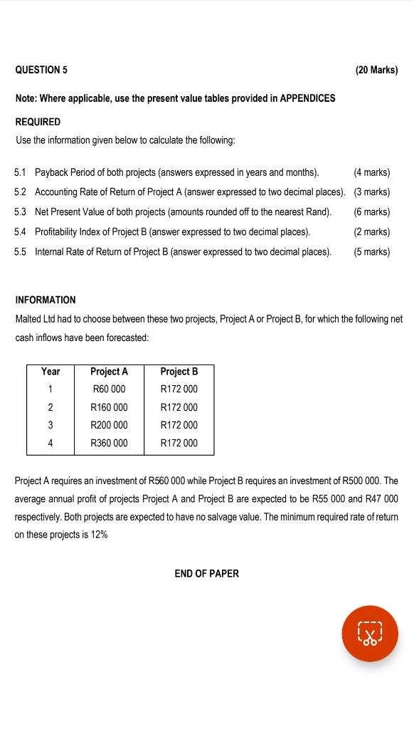 Solved QUESTION 5 (20 Marks) Note: Where applicable, use the | Chegg.com