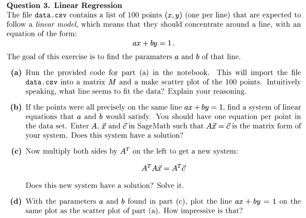 Question 3. Linear Regression The file data.csv | Chegg.com