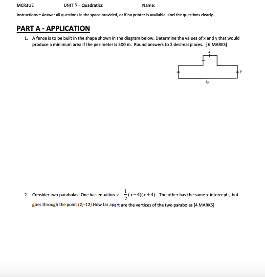 Solved MCR3UE UNIT 3 - Quadratics Name: Instructions - | Chegg.com