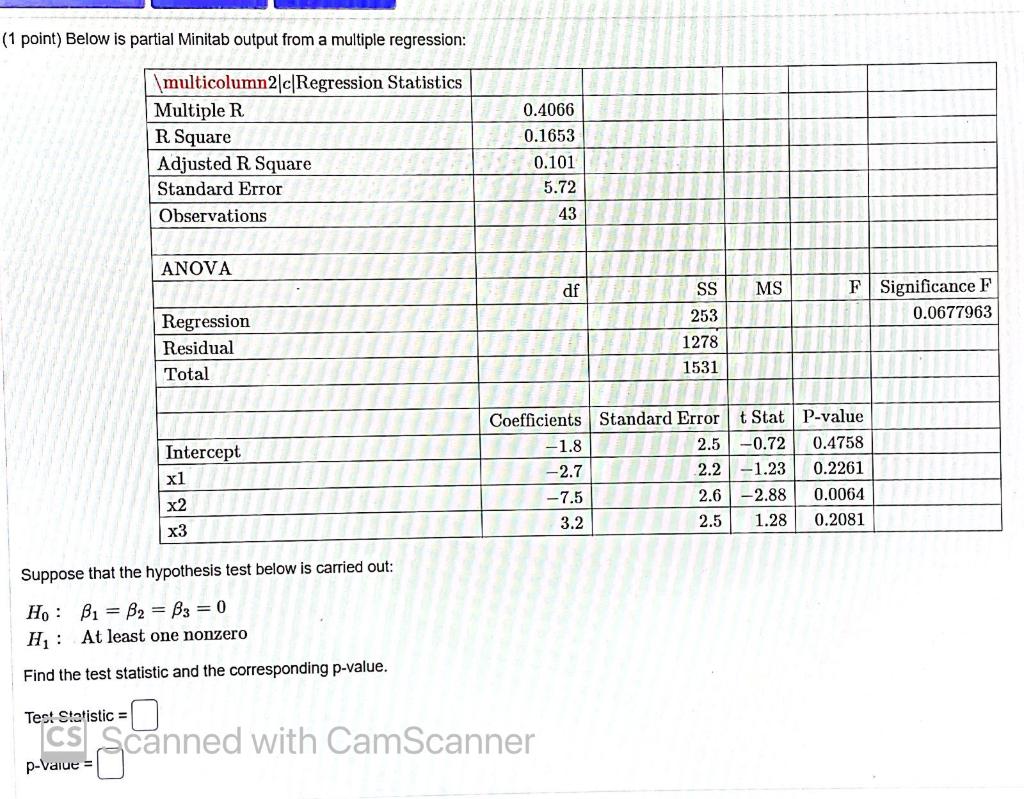 Solved 1 Point Below Is Partial Minitab Output From A 6648
