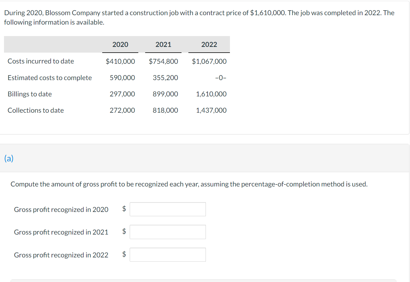 Solved During 2020, Blossom Company started a construction | Chegg.com