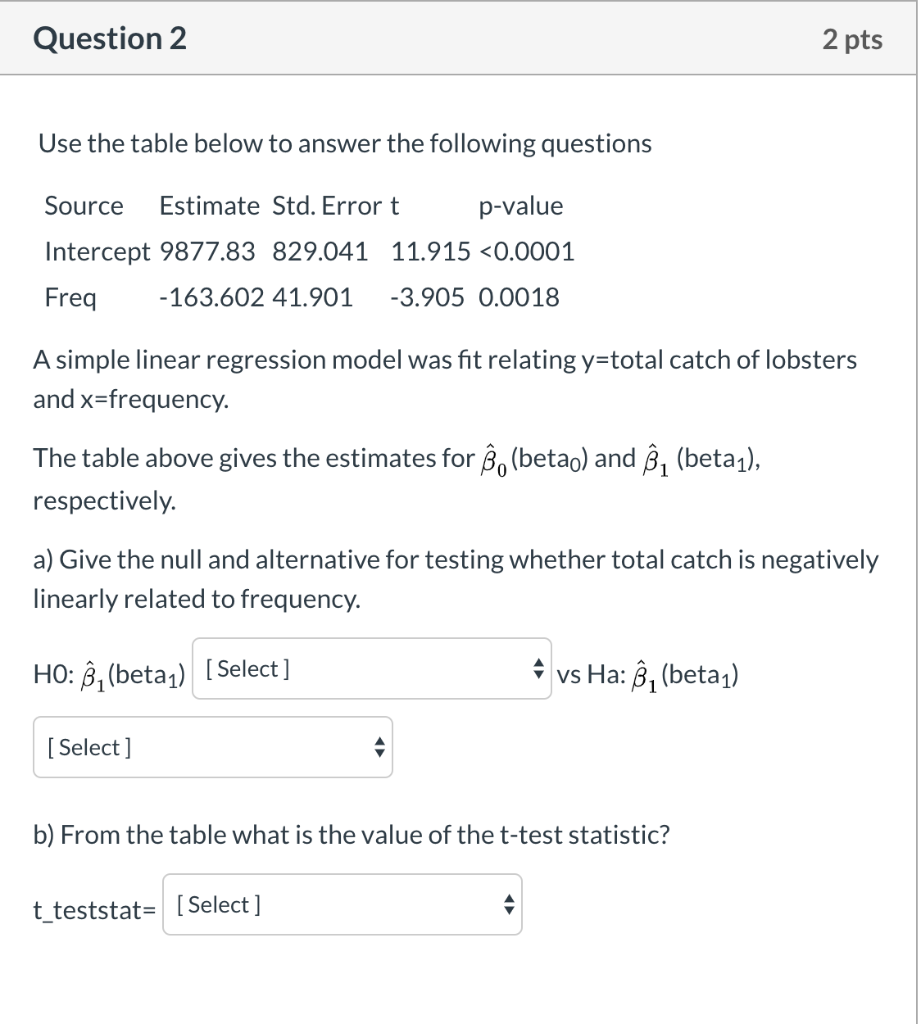 Solved Question 2 2 pts Use the table below to answer the | Chegg.com