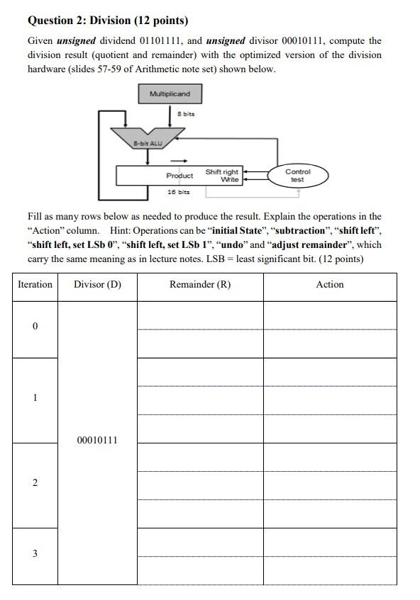 Solved Question 2: Division (12 points) Given unsigned | Chegg.com Solved Question 2: Division (12 points) Given unsigned | Chegg.com