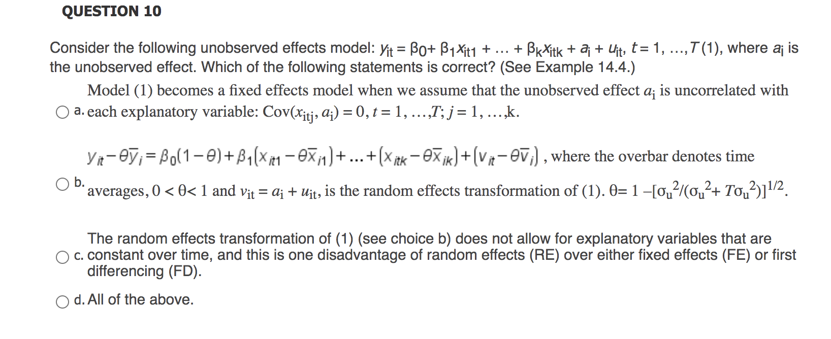 Solved QUESTION 10 Consider the following unobserved effects | Chegg.com